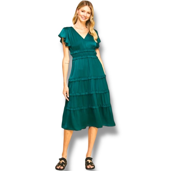 Pinch | Dresses | Pinch Teal Vneck Flutter Short Sleeve Tiered Ruffles ...